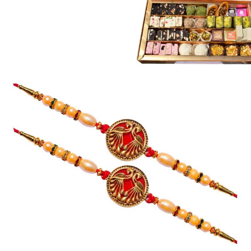 2 Rakhi - Colorful Red Peacock Rakhi Set With Indian Sweets – Rakhi Stores